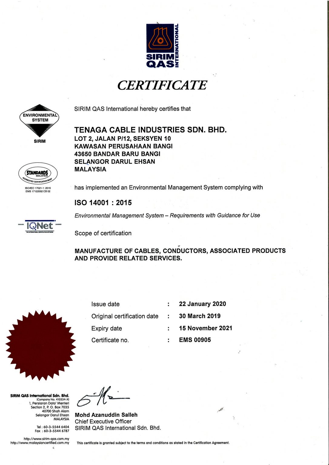 TCI SUCCEEDS IN OBTAINING ISO CERTIFICATIONS FROM SIRIM | Tenaga Cable ...